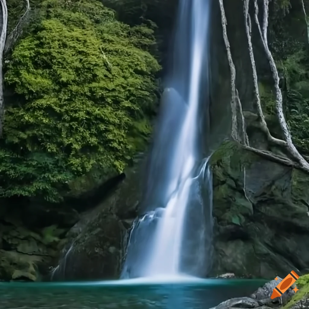 Waterfall flowing down a mountain with trees growing sideways on the ...