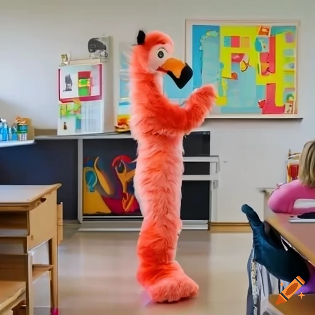 Female teacher in a full body flamingo mascot costume at school on Craiyon