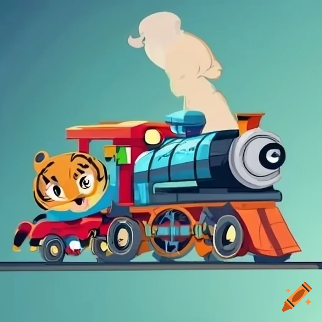 Anthropomorphic tiger driving a train in a kids' style on Craiyon