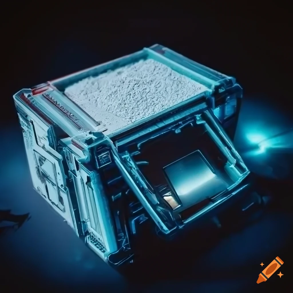 Sci-fi white powder in opened crate with indicator lights in isometric ...