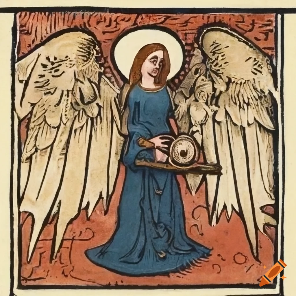 Medieval woodcut of joshua salzberg under the moon with singing angels ...