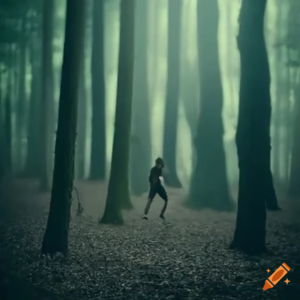 People running from a towering monster in a forest on Craiyon