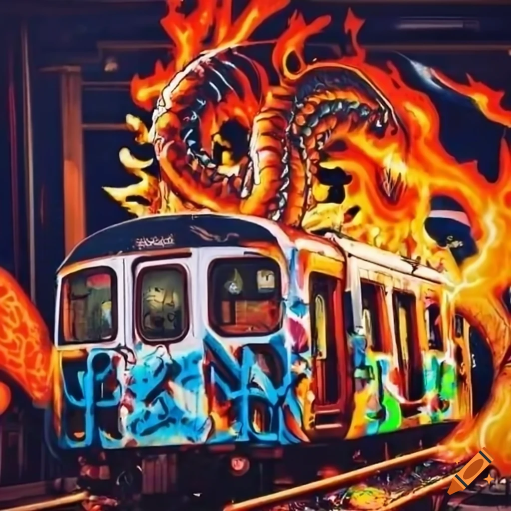 Japanese graffiti style on a subway car with bright colors on Craiyon