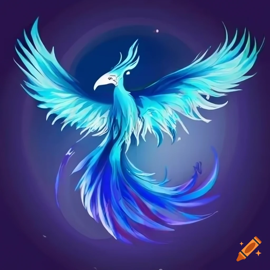 Blue phoenix with mystical white text in cartoon style on Craiyon