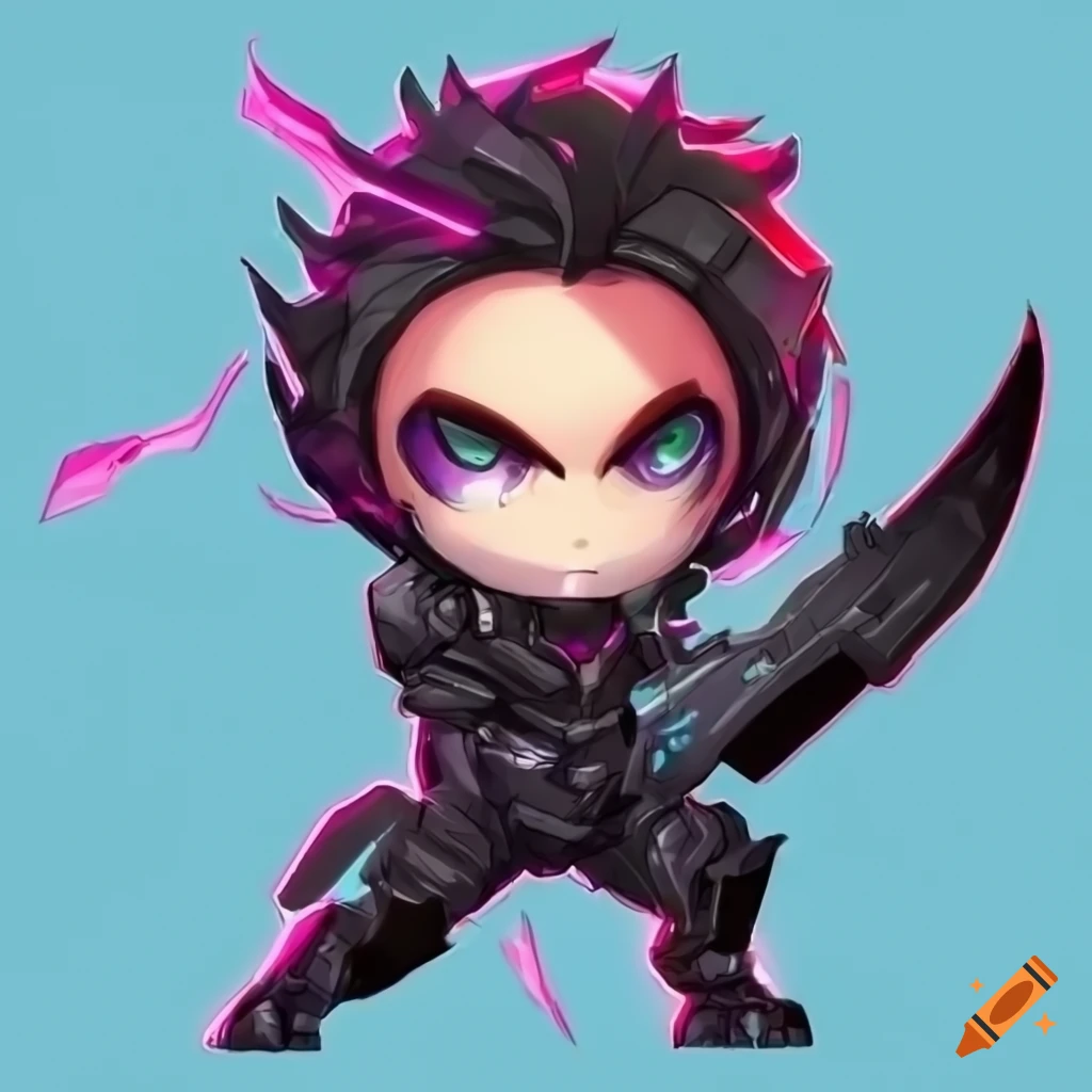 Chibi sci-fi anime style hero in armor with neo-plasma blades on Craiyon