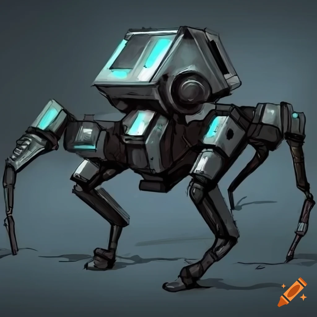 Quadruped robot sentinel concept art for dystopian video game on Craiyon