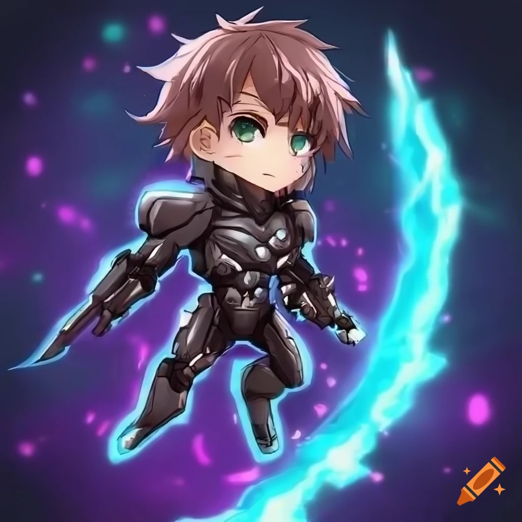 Chibi sci-fi anime hero in full armor with neo-plasma blades on Craiyon