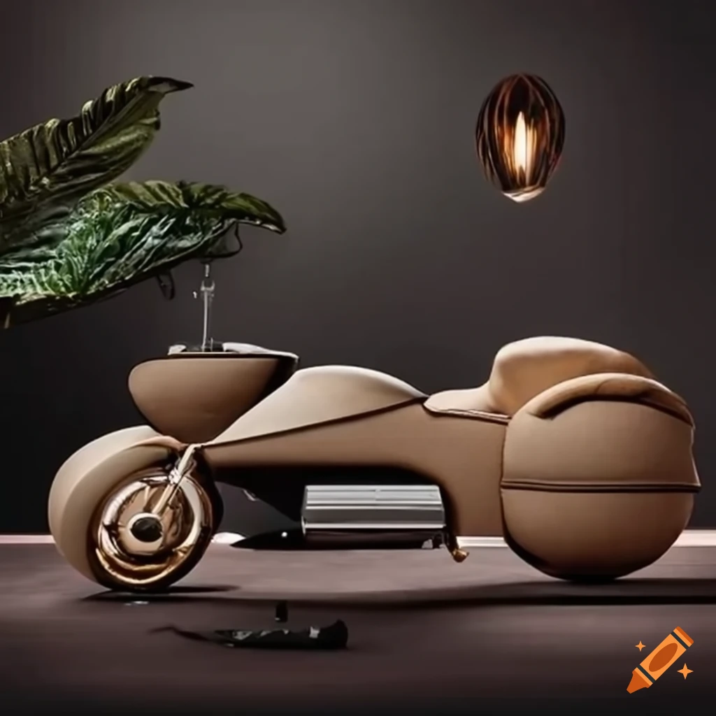Luxury motorcycle-shaped couch in a plant-decorated living room on Craiyon