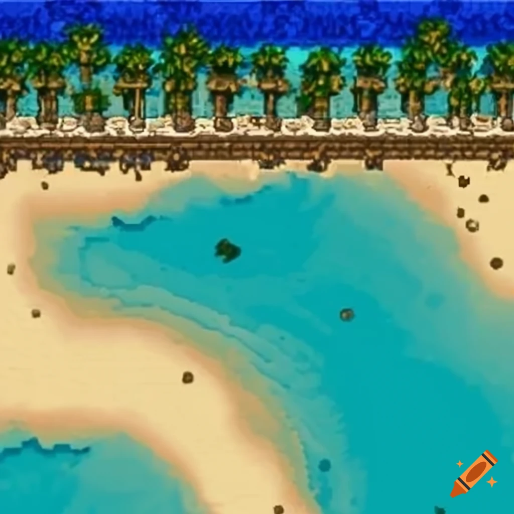 Colorful sandy beach with palm trees and clear blue water in 2D pixel ...