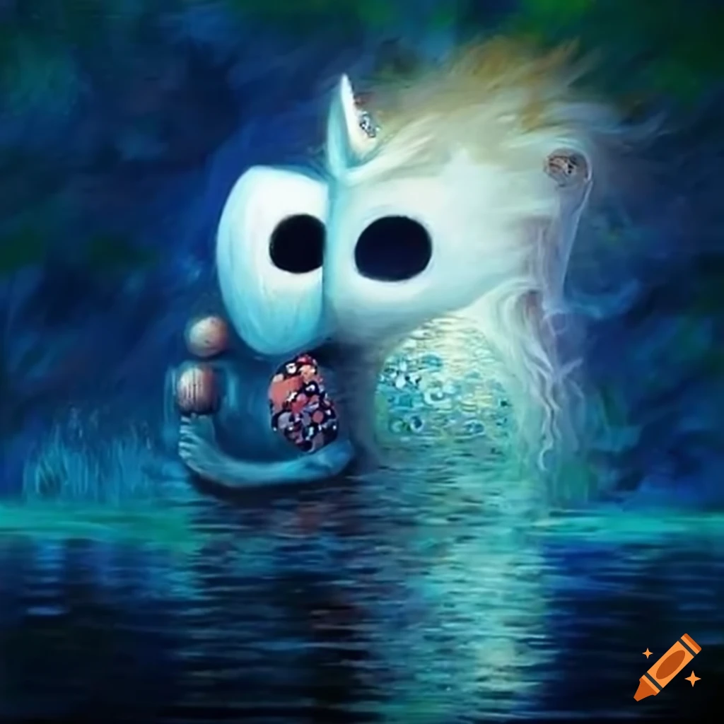 Nocturnal oil painting of two masked people hugging by a lake in ANBU ...
