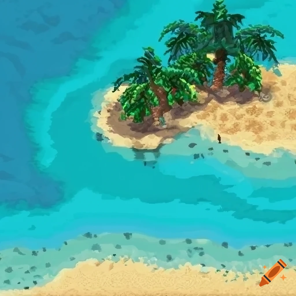 Colorful sandy beach with palm trees and clear blue water in 2d pixel ...