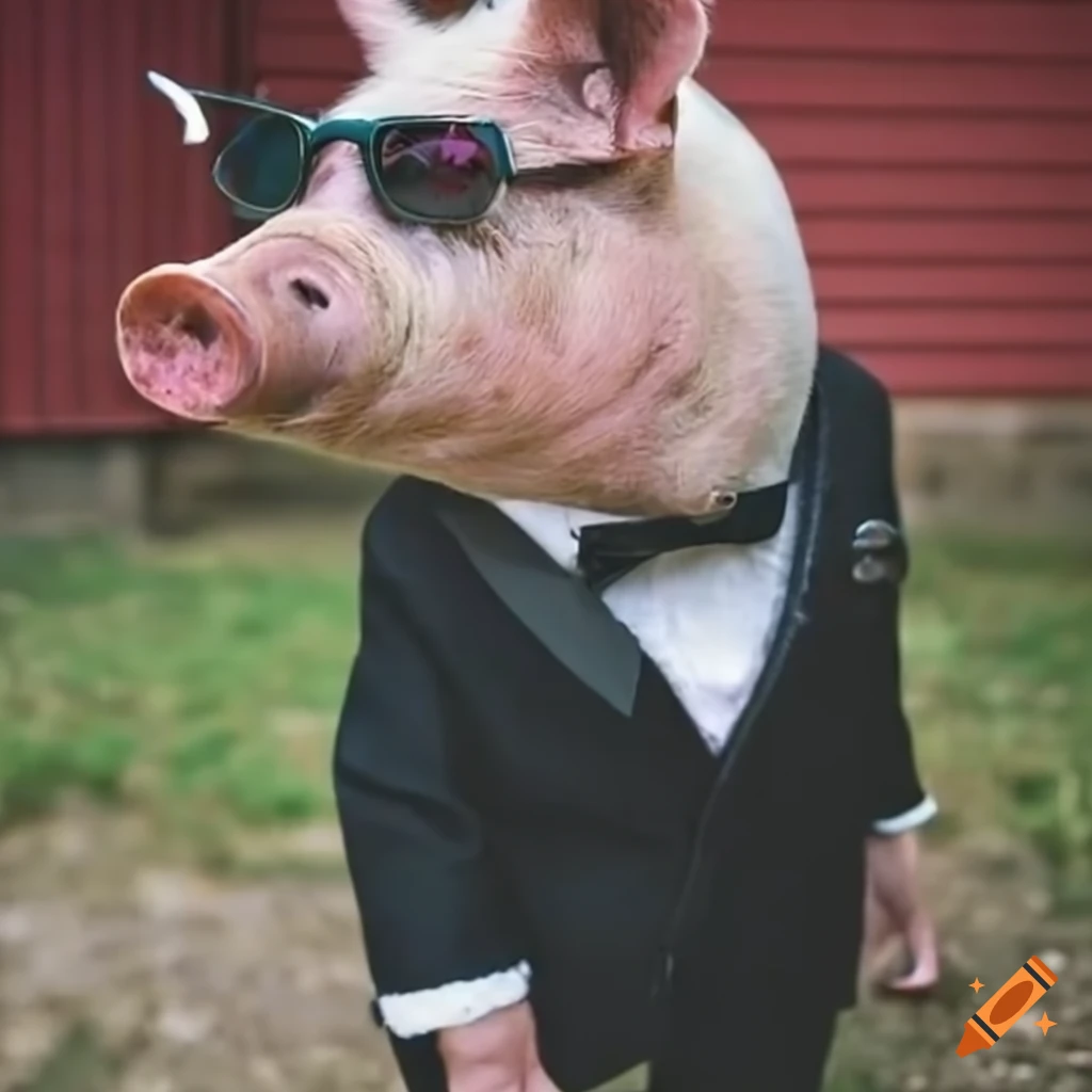 Pig wearing tuxedo and sunglasses in front of a barn on Craiyon