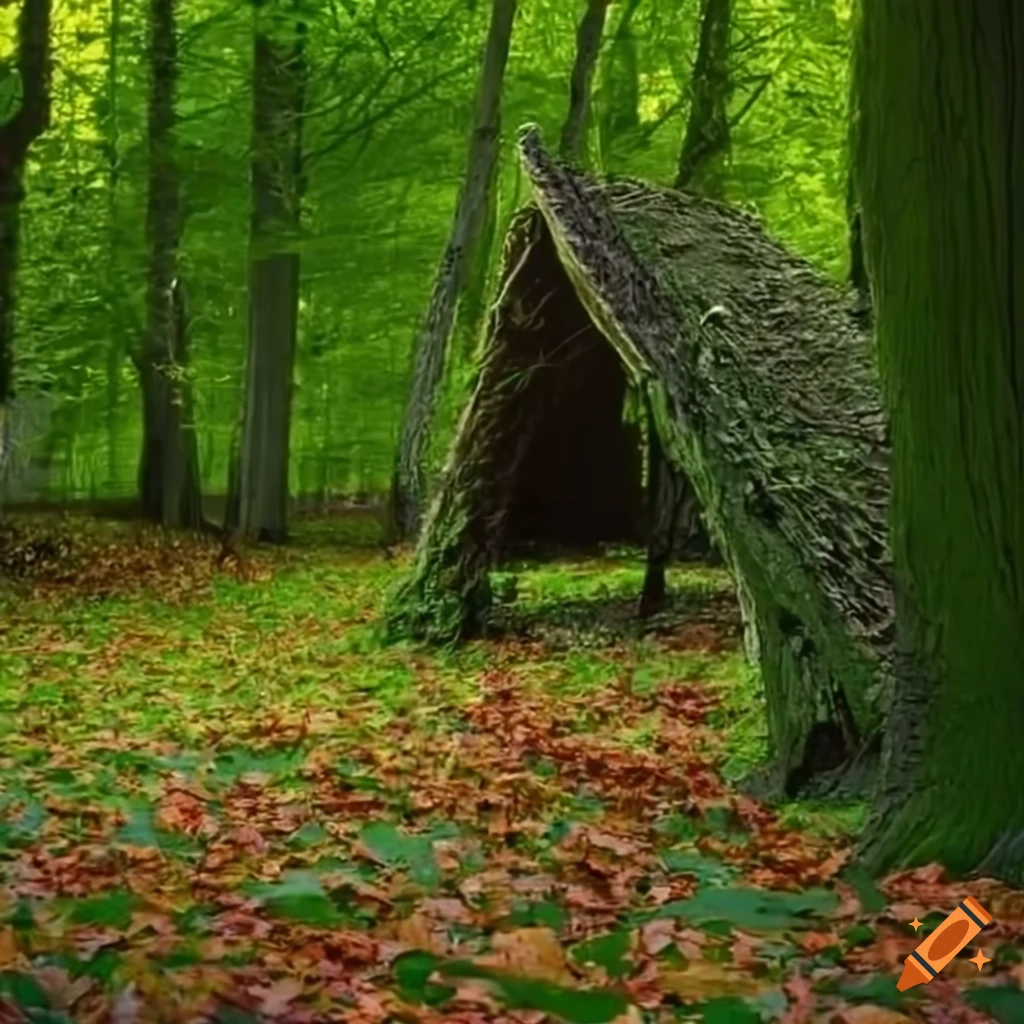 Shelter made of branches and leaves in a bright green deciduous forest ...