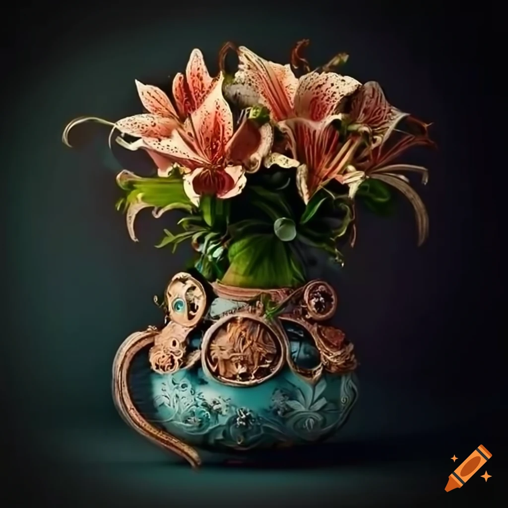 Lilies in a steampunk-styled pot on Craiyon