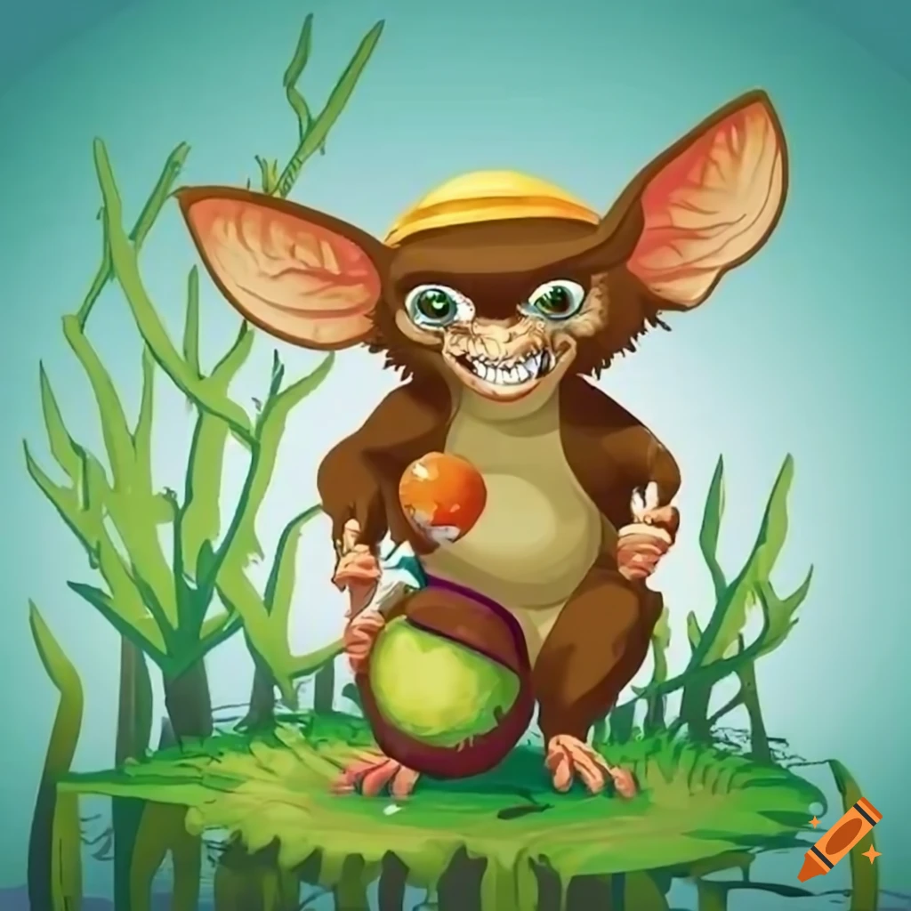 Small creature in swamp wearing hat and eating an orange on Craiyon