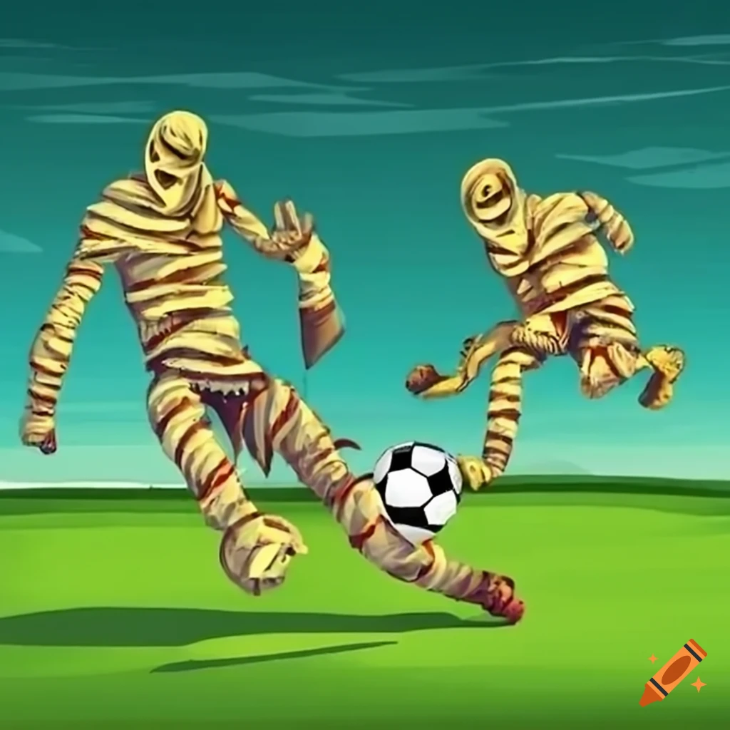 Mummies playing soccer on a green field on Craiyon