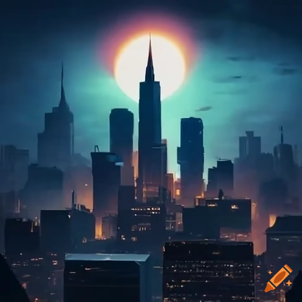 Dramatic standoff with intimidating skyline in the background on Craiyon