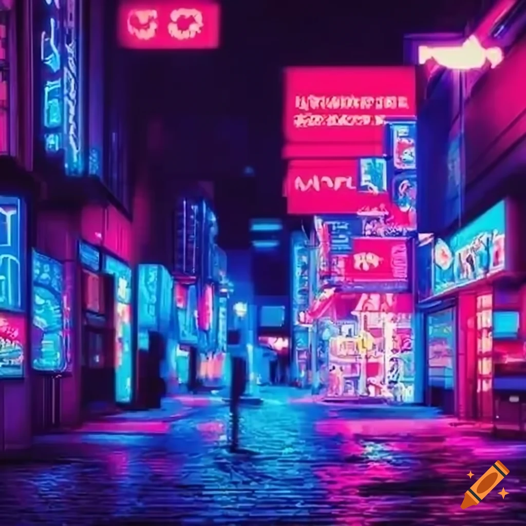 Anime neon stores scene on Craiyon
