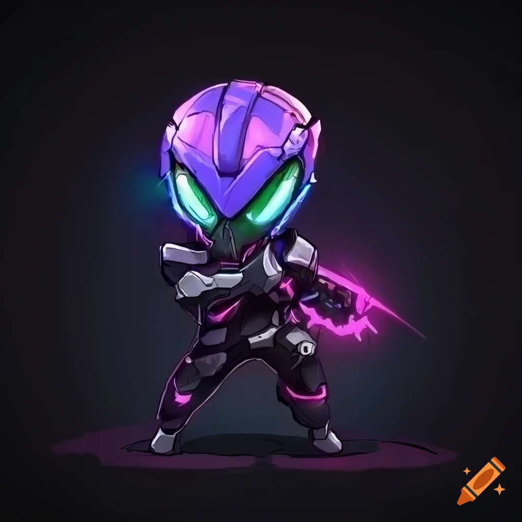 Chibi sci-fi anime style armored hero with neo-plasma weapons on Craiyon