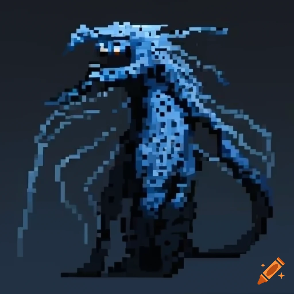 Pixel art of a black and blue poltergeist creature on Craiyon