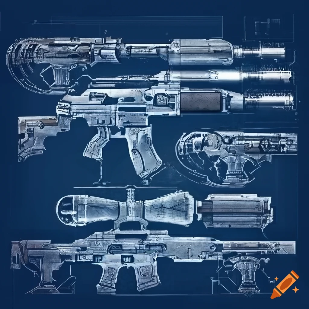 Detailed engineering drawing of sci-fi weapons and components on Craiyon
