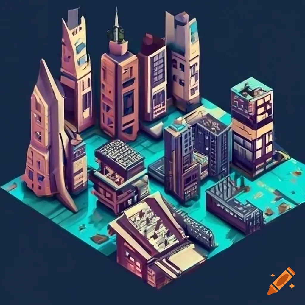 Isometric rpg tiles depicting a futuristic city on Craiyon