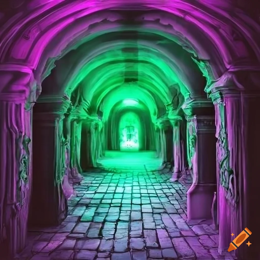 Spooky crypt with green and purple lighting on Craiyon