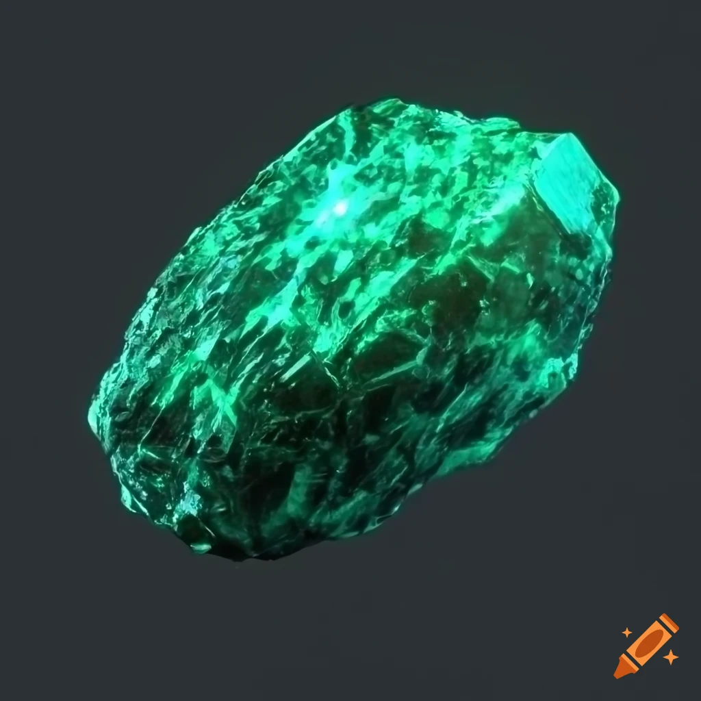 Floating sci-fi metal ore chunk with emerald stripes on gray background ...