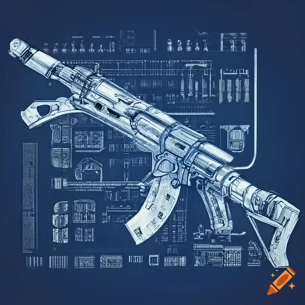 Detailed engineering drawing of sci-fi Gears of War weapons and ...