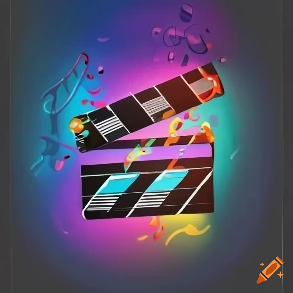 Clapperboard with floating music notes and colorful playlist cover art ...