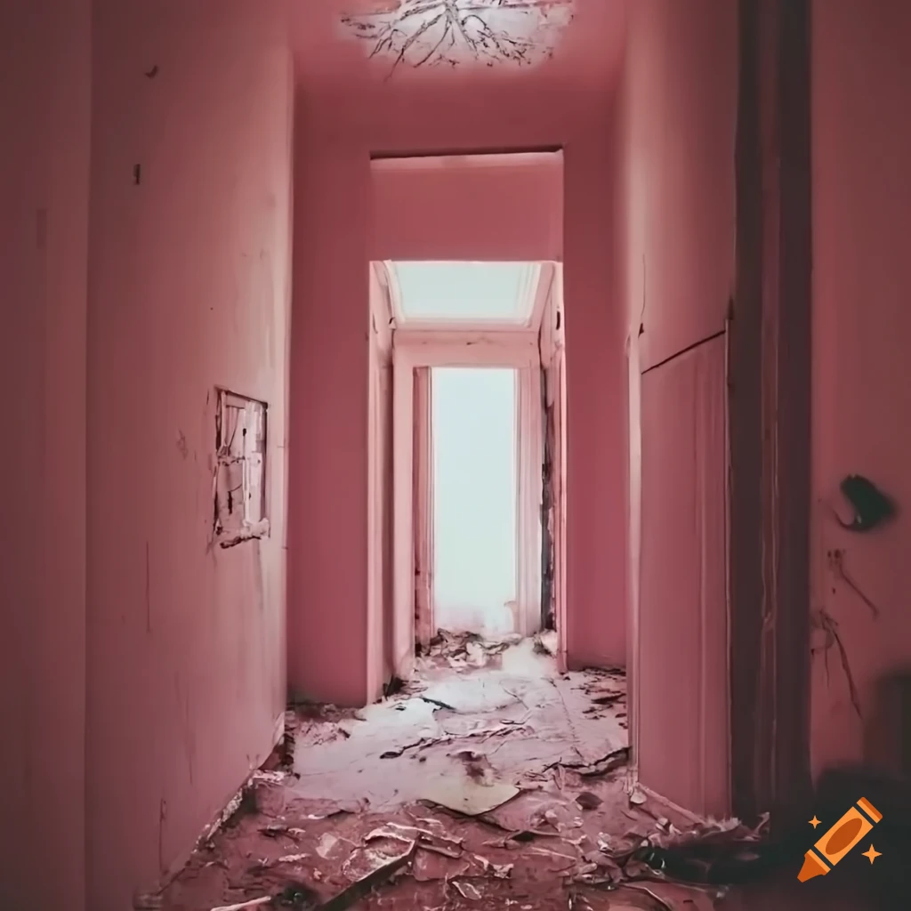Abandoned dusty pink narrow hallway with ceiling fans on Craiyon