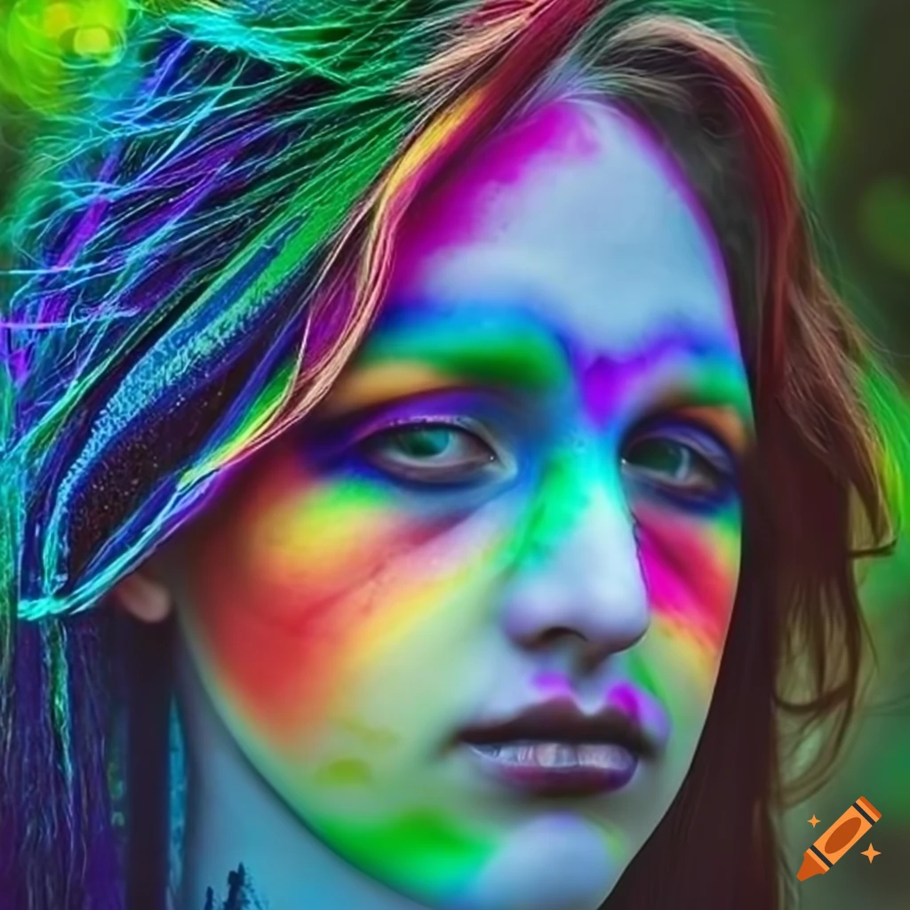 Colorful and surreal woman's face in a gothic forest setting on Craiyon
