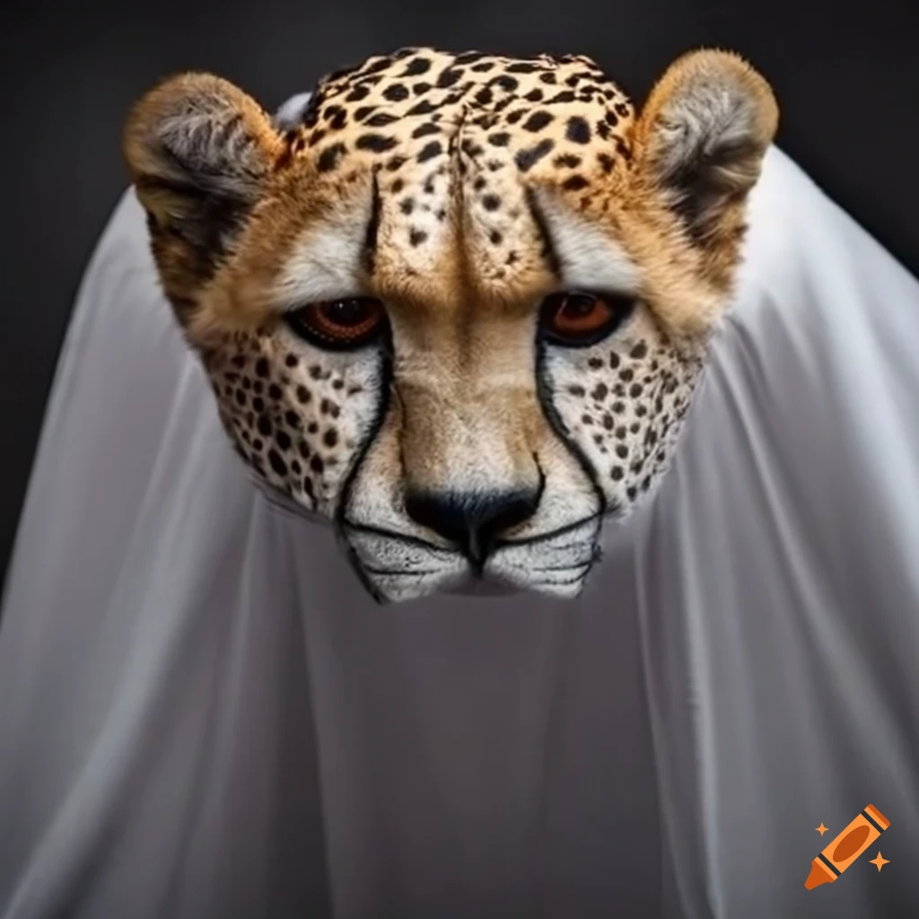 Spooky bedsheet ghost costume on a cheetah for halloween on Craiyon