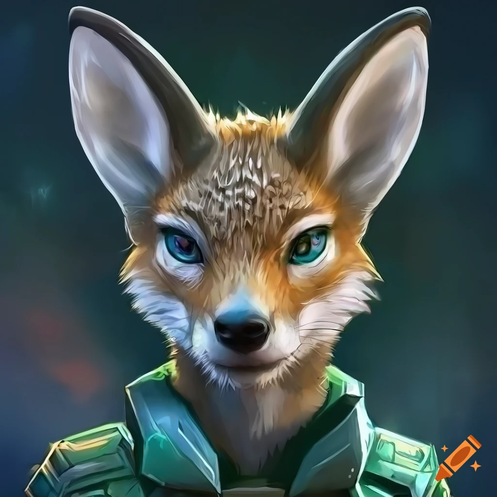 Realistic fantasy artwork of a female deer-fox hybrid wearing a sci-fi ...