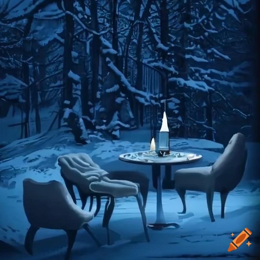 Cozy dinner scene in a winter cafe on a hill on Craiyon