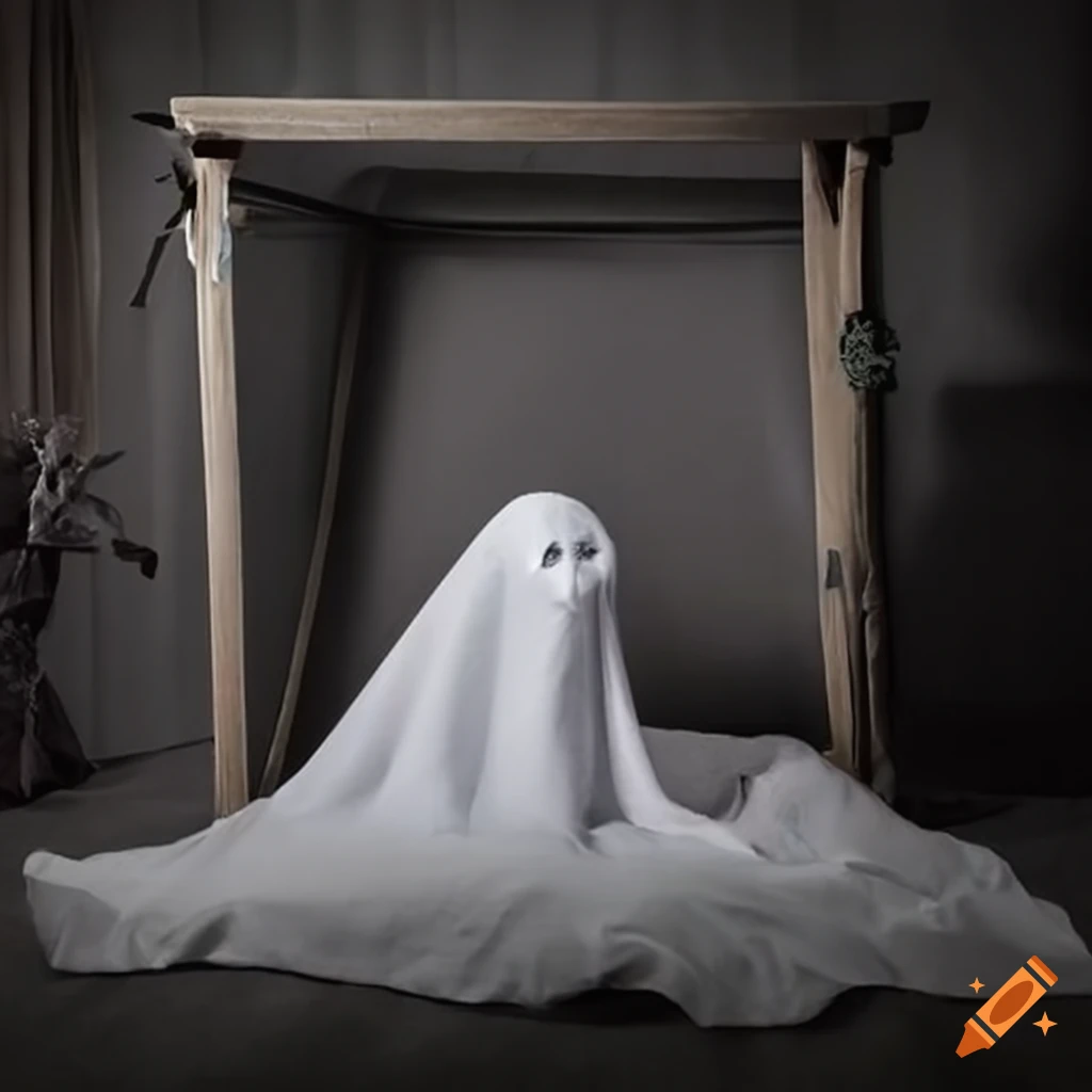 Spooky bedsheet ghost costume on a sleeping cougar on Craiyon