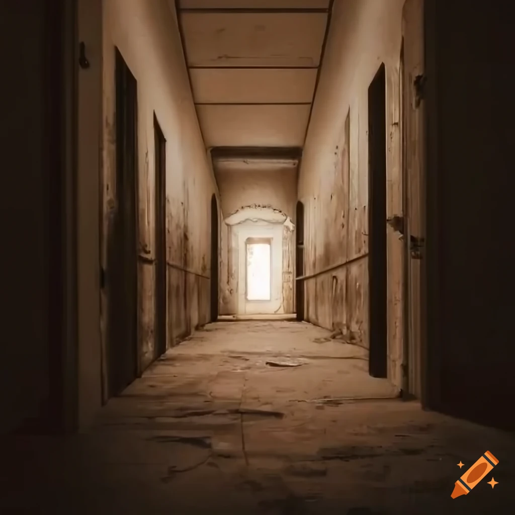 Abandoned narrow dusty hallway with ceiling fans on Craiyon