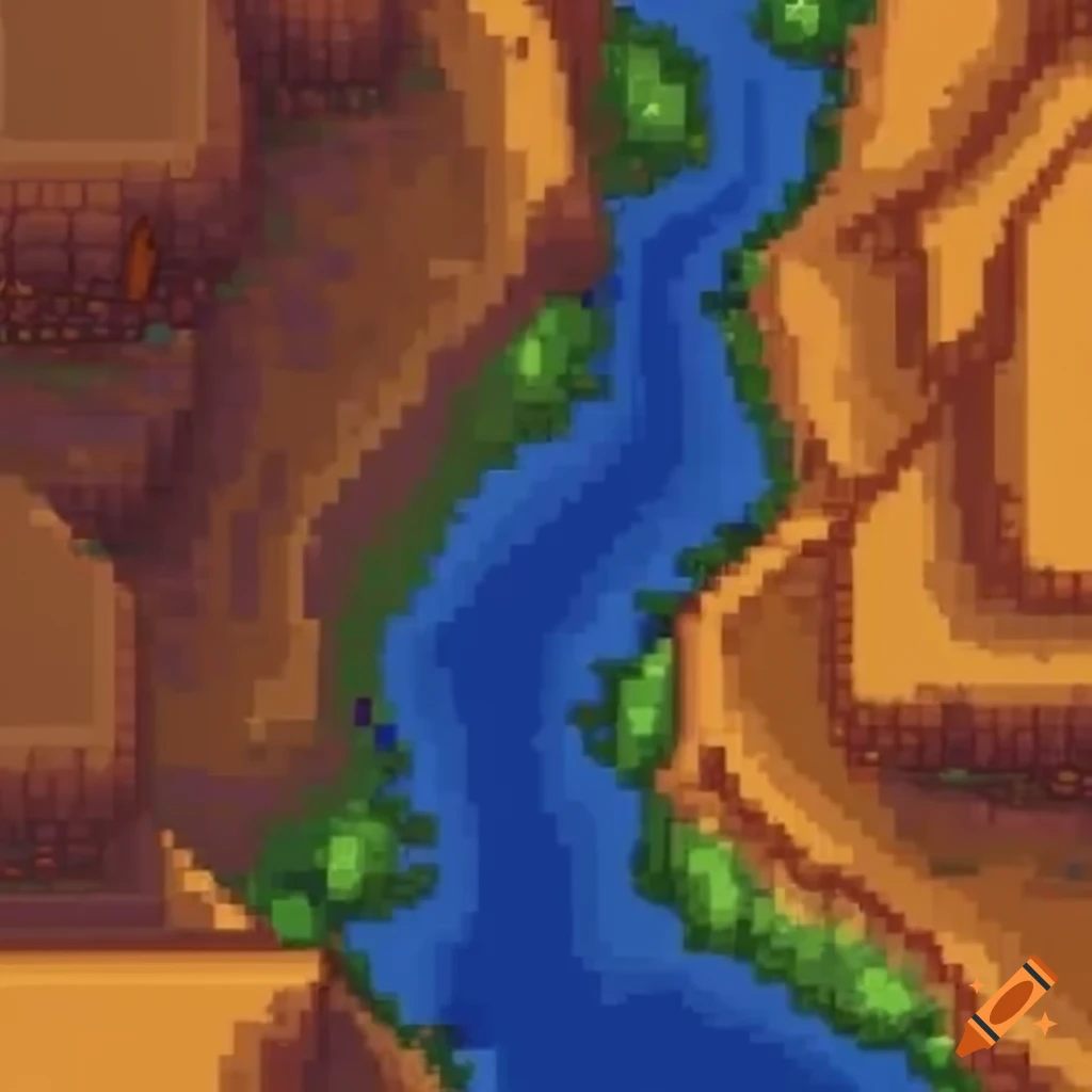 2D pixel art of a sunny day canyon river from a top-down view on Craiyon
