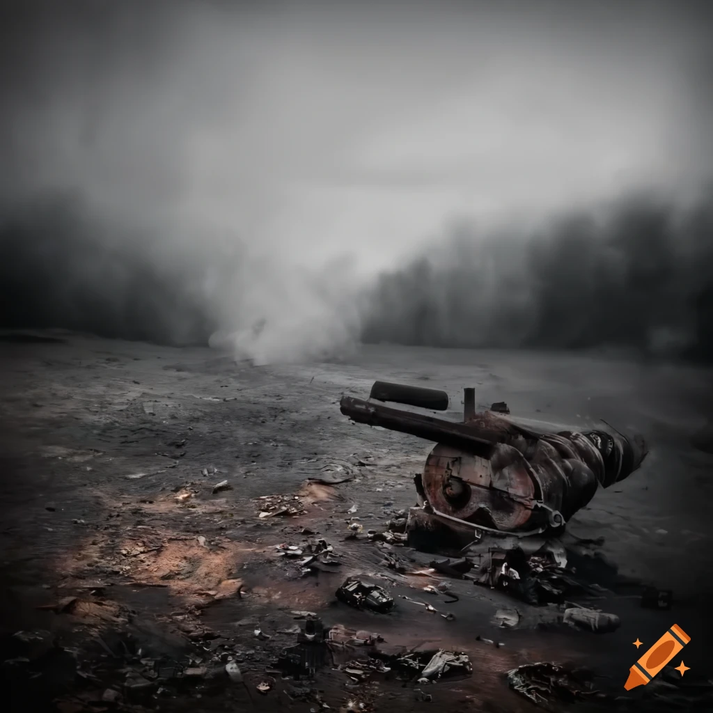 Wide shot of a war-torn battlefield with destroyed machinery and ...