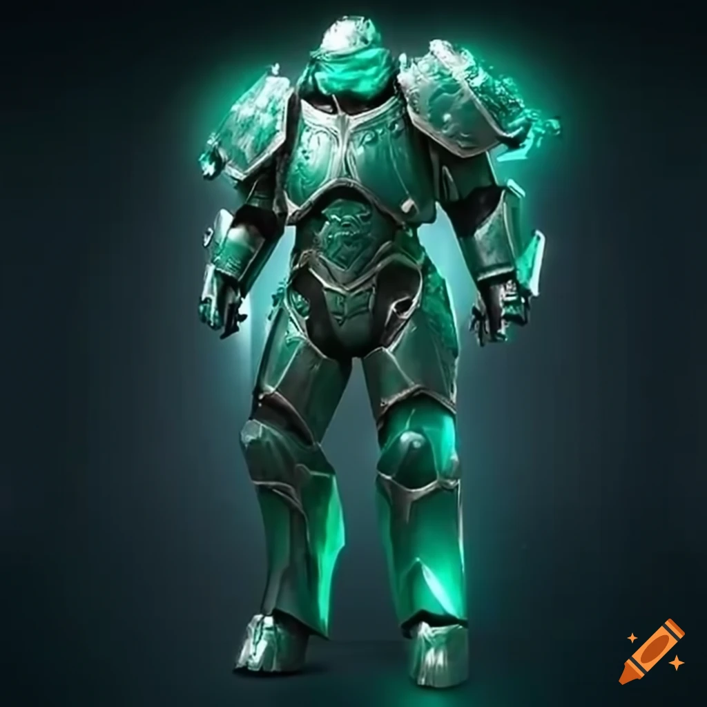 Intense and powerful full-body emerald crystal power armor on Craiyon