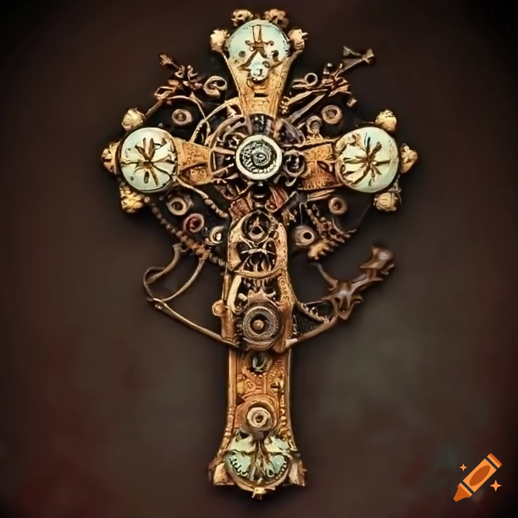Elaborate steampunk cross artwork on Craiyon
