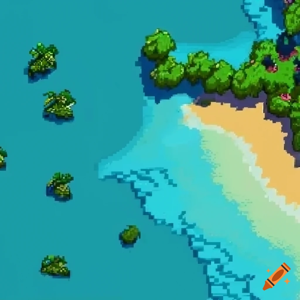 Colorful sandy beach with palm trees and clear blue water in 2D pixel ...