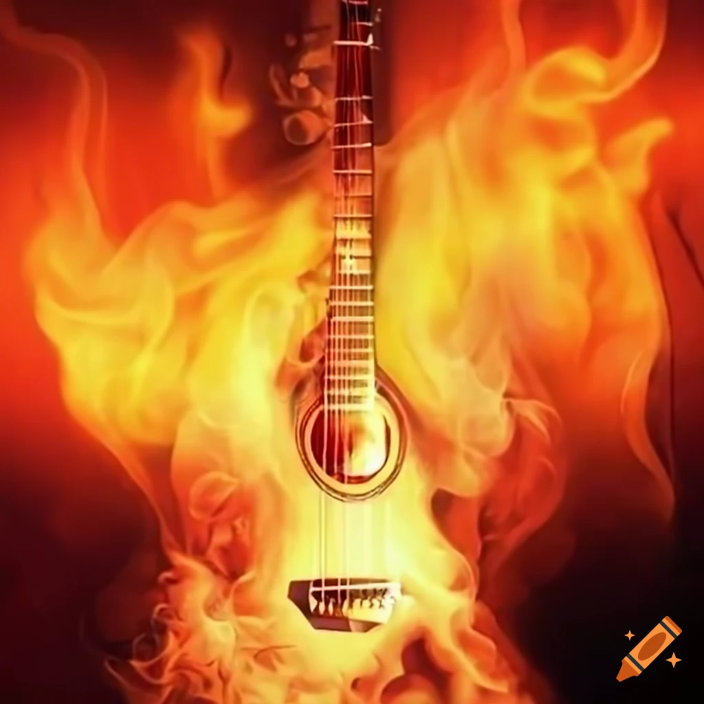 Rock musician playing flaming guitar in a psychedelic background on Craiyon