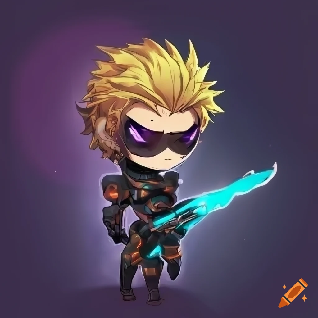 Chibi sci-fi anime hero in full armor with neo-plasma blades on Craiyon