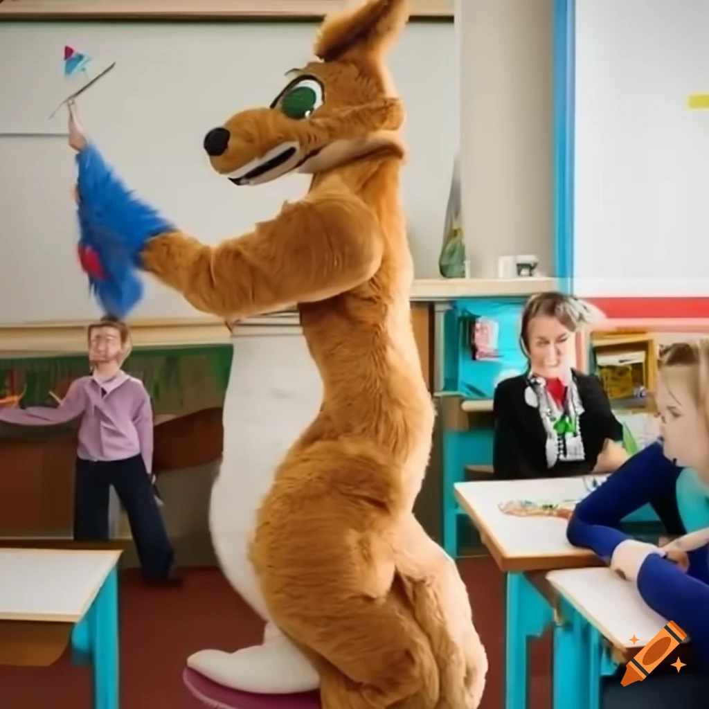 Female teacher in kangaroo mascot costume in classroom on Craiyon