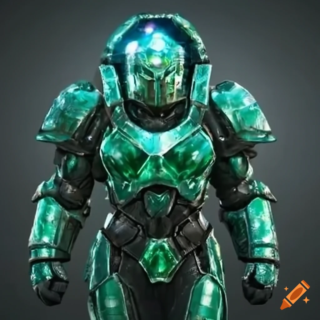 Intense and powerful full-body emerald crystal power armor on Craiyon
