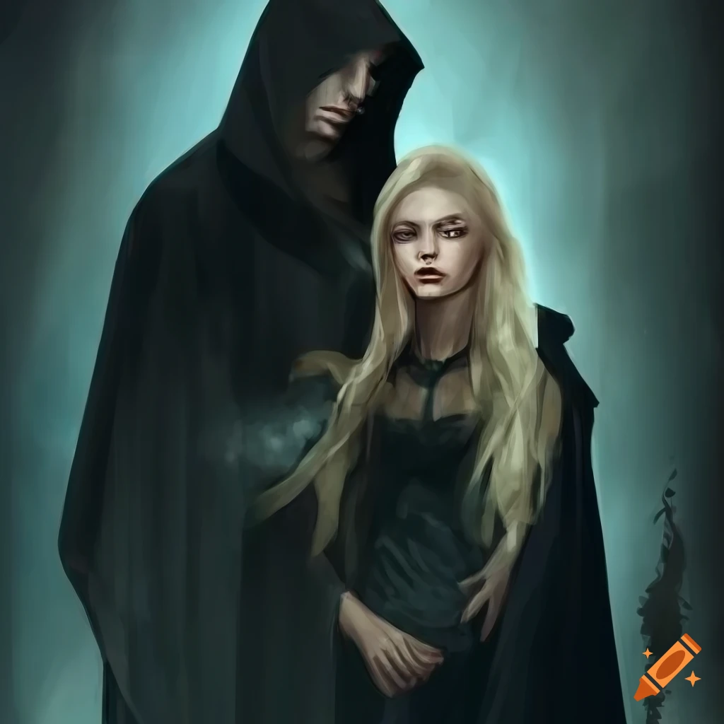 Artwork of a blonde woman with a cloaked man in a fantasy book scene on Craiyon