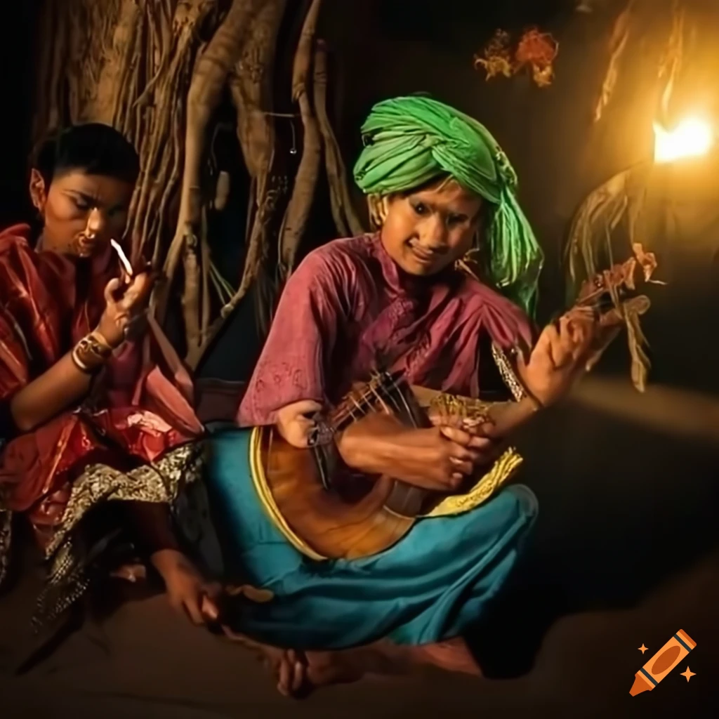 Burmese Rohingya musicians playing traditional instruments under a ...