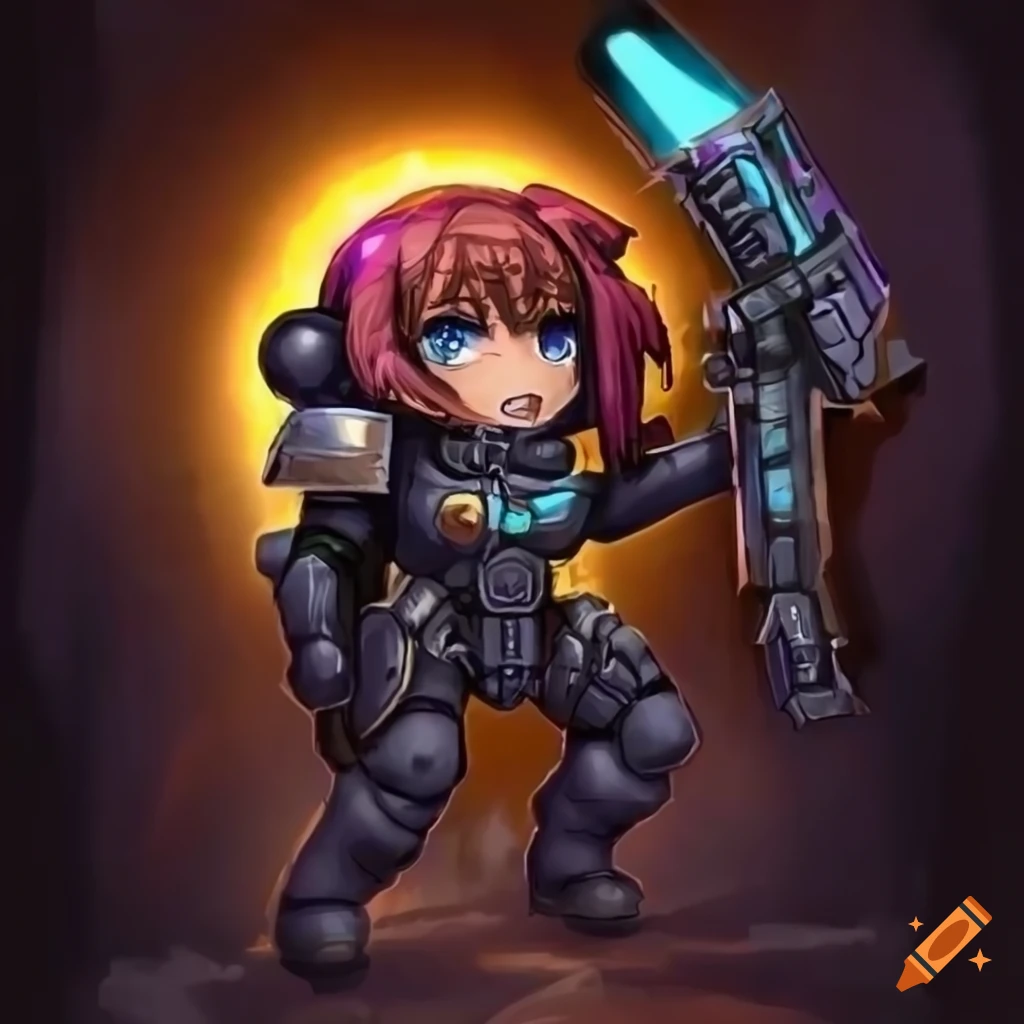 Chibi sci-fi anime hero in full armor with neo-plasma weapons on Craiyon