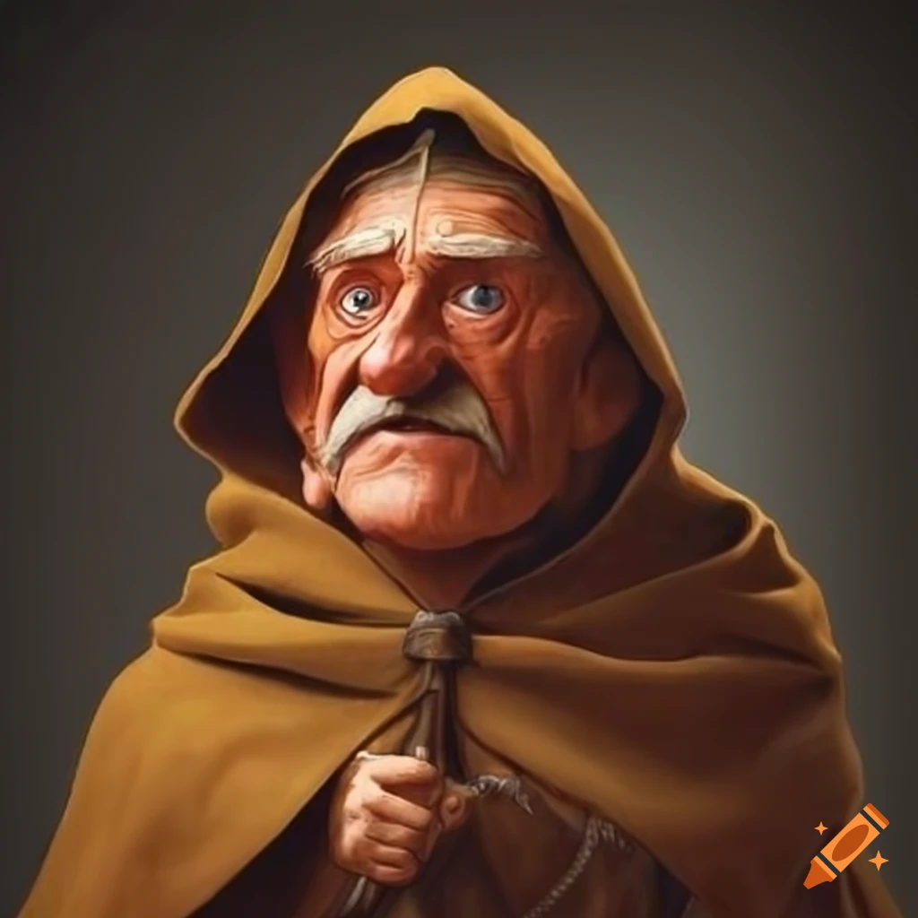 Barry chuckle elliot dressed as a medieval peasant in a cloak and hood ...